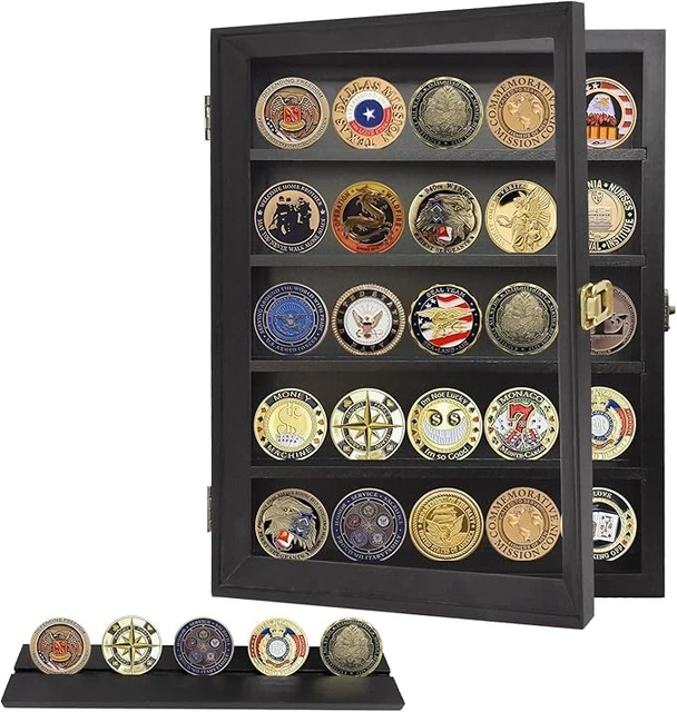 MILITARY CHALLENGE COIN Display Case Lockable Wood Cabinet Rack Holder ...