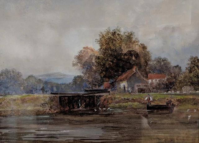 W H M HEWITT Victorian Watercolour Painting RIVER EXE DEVON 1875 BOATS ...