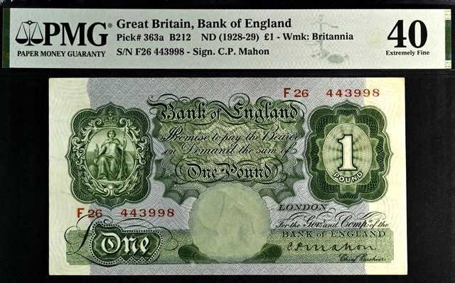 £1 BANK ENGLAND Note Mahon B212 363a PMG 40 1928-1929 Pound Great ...