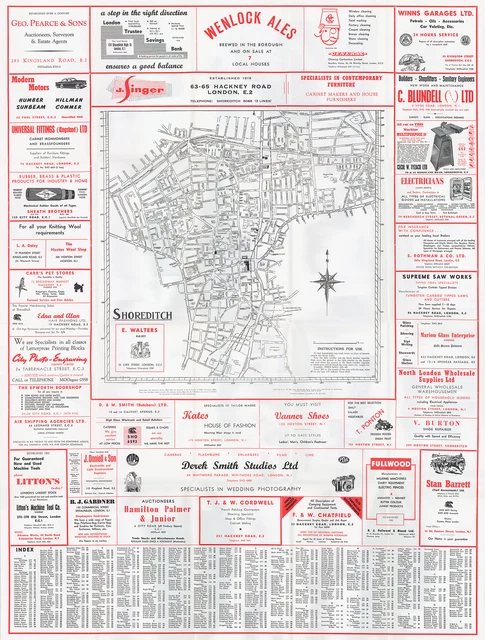 C1955 ORIGINAL VINTAGE Wall Map of SHOREDITCH STREET PLAN BECK ...