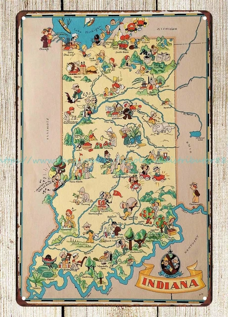 PICTORIAL MAP OF INDIANA state by Ruth Taylor 1935 metal tin sign ...