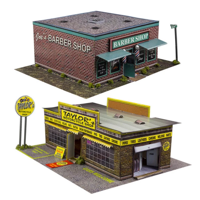 1:87 TRAIN HO Scale Model Building Combo Kit x2 Motorcycle & Barber ...