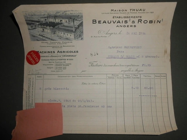 FACTURE ANCIENNE BEAUVAIS Robin Angers machines agricoles 1924 EUR 12 ...