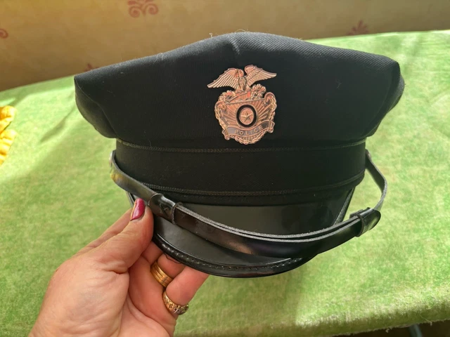 US POLICE 8 Point Visor Cap - Black Vintage American Force Officer Hat ...