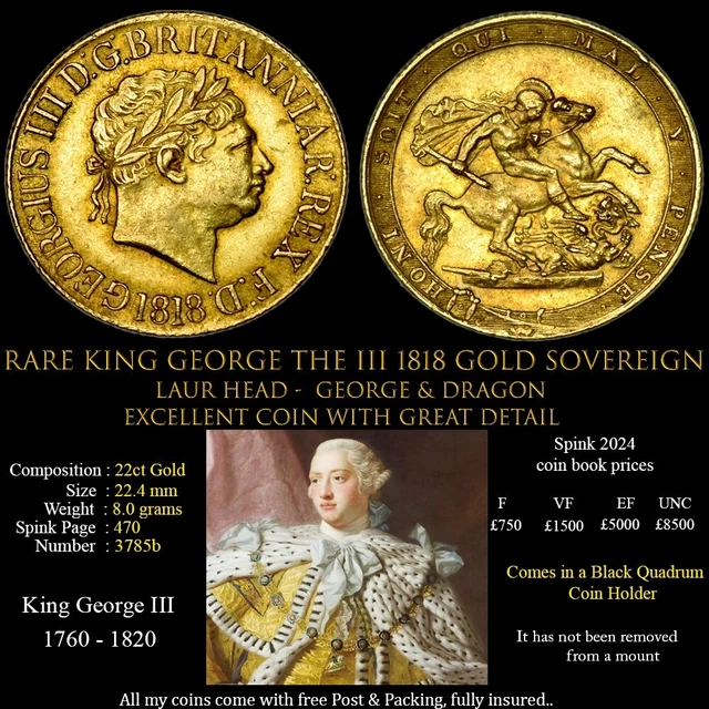 VERY RARE KING George The Iii 1818 Gold Sovereign .. £4,275.00 ...