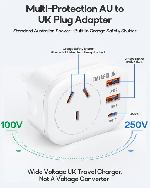 UK TRAVEL ADAPTER, AU to UK Plug Adapter with 1 USB-C 2 USB-A, Travel ...