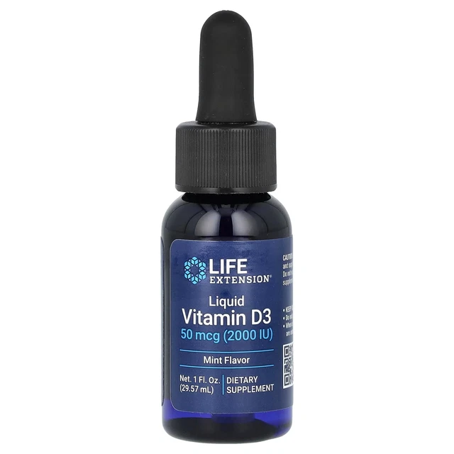LIFE EXTENSION, LIQUID Vitamin D3, Mint, 50 mcg (2,000 IU), 1 fl oz (29 ...