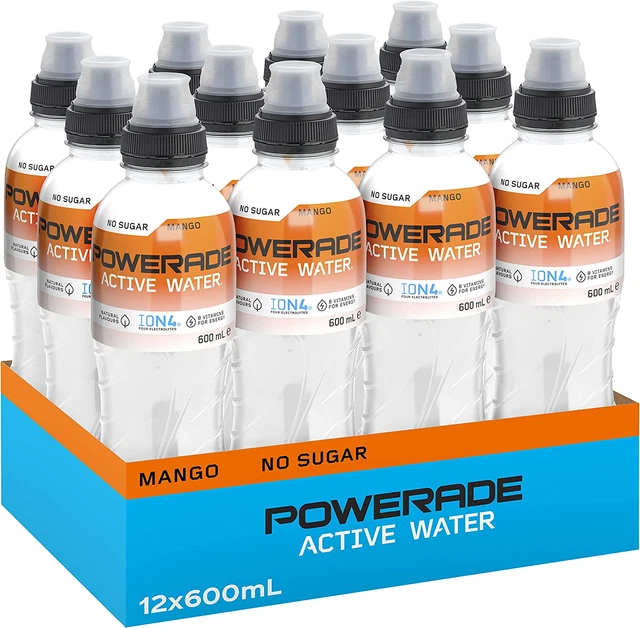 POWERADE ACTIVE WATER Mango No Sugar Multipack Sipper Cap Bottles 12 X ...