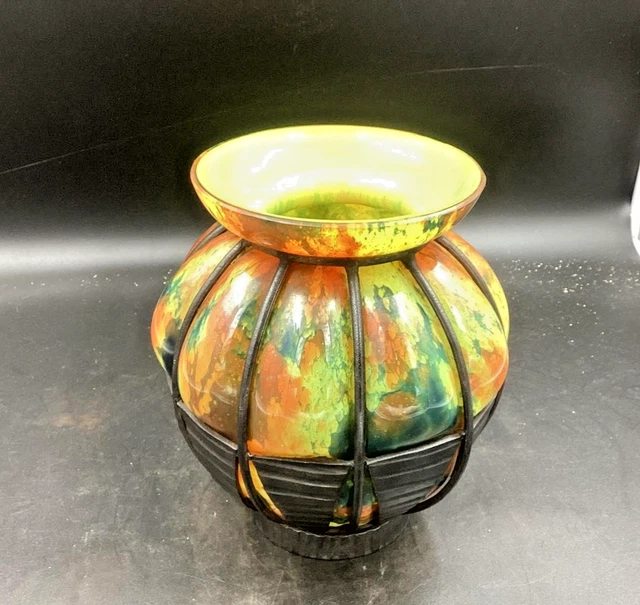 ANDRÉ DELATTE (1887-1953) Vase Verre Soufflé Armature Fer Forgé Nancy ...