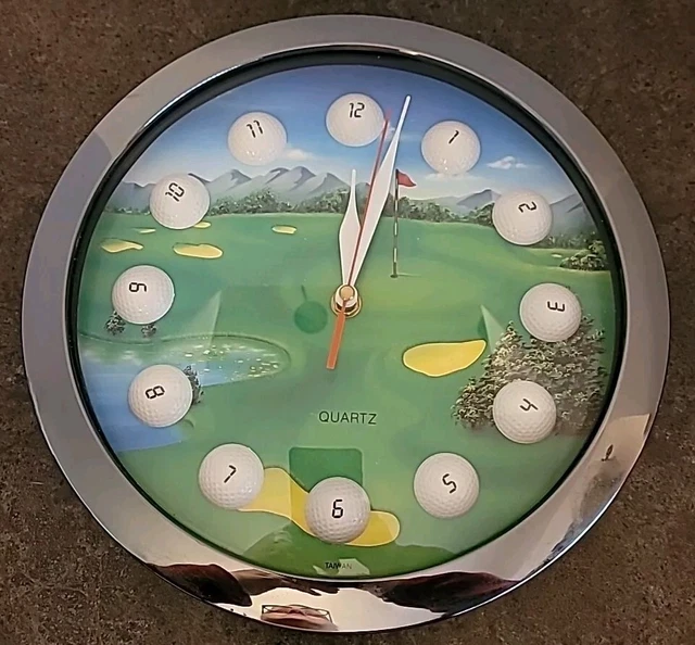 WORKING GOLF COURSE Balls Wall Clock Quartz Chrome Rim 11 1/4" Vintage ...