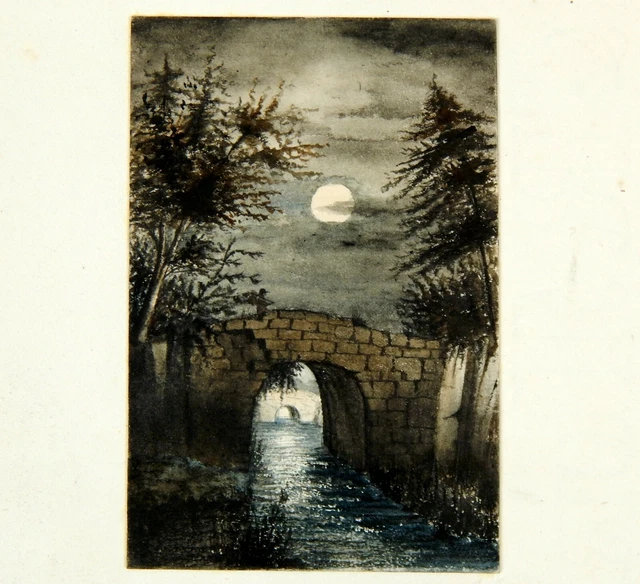 ANTIQUE 1830S WATERCOLOUR Painting Miniature Moonlight Handwriting Poem ...