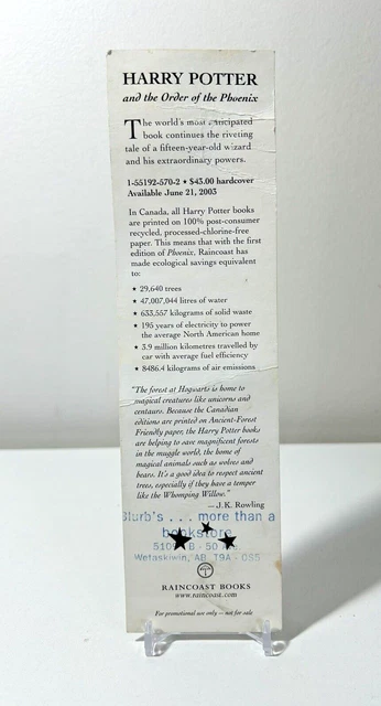 HARRY POTTER ORDER of the Phoenix Bookmark Raincoast Books Canada 2003 ...