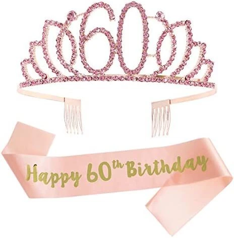 ROSE GOLD 60TH Birthday Sash and Birthday Tiara Rhinestone Crown Headband for 6 £8.29 - PicClick UK