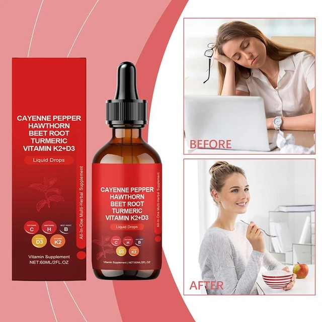 CAYENNE PEPPER HAWTHORN Beet Root Turmeric Vitamin K2+D3 Liquid Drops 1 ...