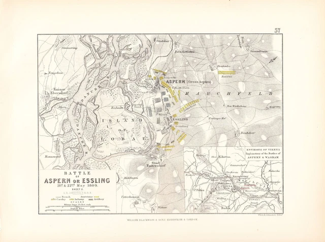 CARTE / BATAILLE Plan ~ De Aspern Ou Essling 21st & 22nd Peut 1809 ...