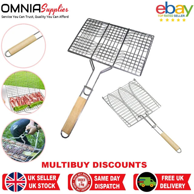 BBQ LONG HANDLE Grill Basket Barbecue Rack Meat Burger Fish Stand Mesh ...