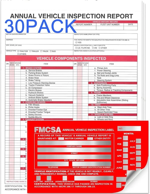 ANNUAL VEHICLE INSPECTION Report Form 30-pk 3-Ply Carbonless Red FMCSA ...