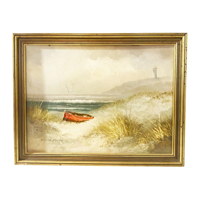 TABLEAU HUILE SUR toile signé "Karl Neumann" bord de mer phare barque ...