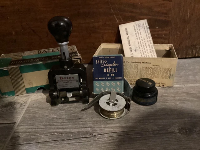 VINTAGE BATES NUMBERING machine in orginal box plus a Bates Stapler ...