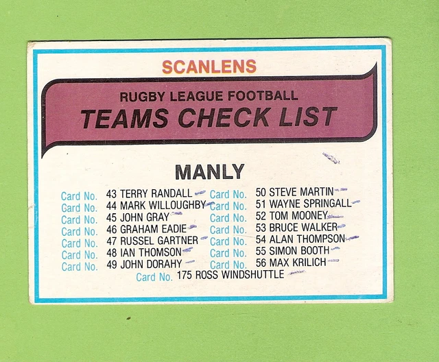 1980 RUGBY LEAGUE Checklist Card - Manly Sea Eagles, Marked $30.00 ...