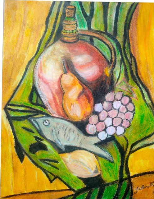 ANCIEN TABLEAU HUILE sur papier nature morte aux fruits & poisson signé Morillon EUR 60,00 ...