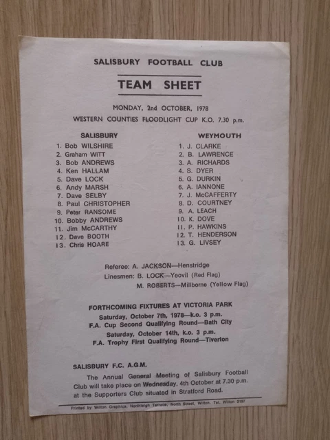 SALISBURY V WEYMOUTH, Western Counties Floodlight Cup, 1978/9 (TEAM ...