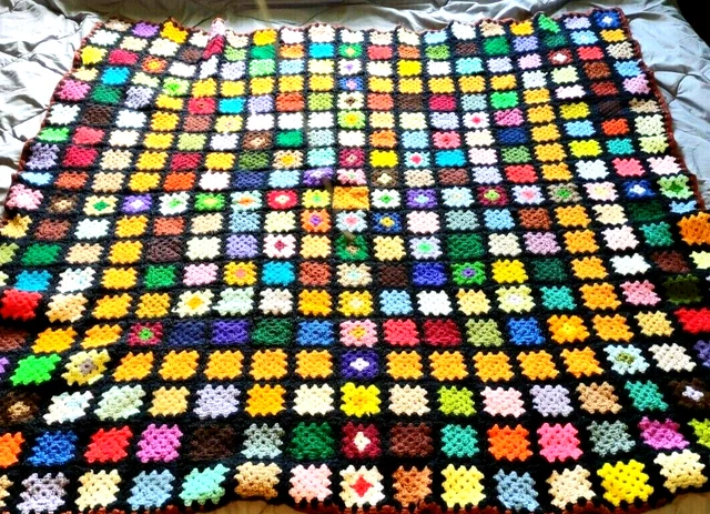 VINTAGE GRANNY SQUARE Black Afghan Crochet Throw Blanket Roseanne 61x58 ... VINTAGE GRANNY SQUARE Black Afghan Crochet Throw Blanket Roseanne 61x58 ...