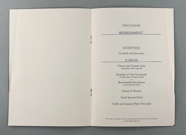 QANTAS BUSINESS CLASS Sydney Adelaide Perth Vintage Airline Menu 1980'S ...