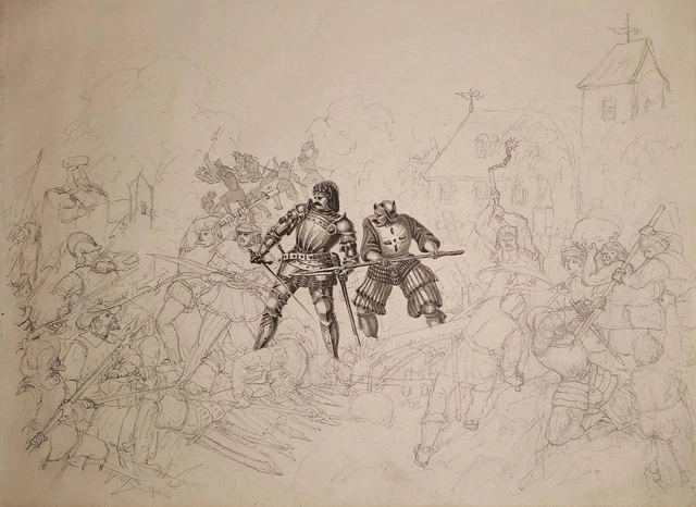 17TH CENTURY FRENCH Battle Scene Drawing Black Chalk & Ink Brown Wash ...