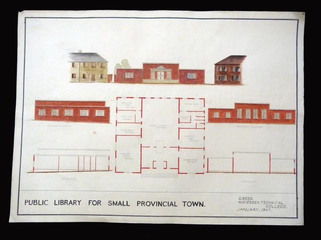 ORIGINAL ARCHITECTURAL DRAWING 1947 design for public library 76 x 56cm ...