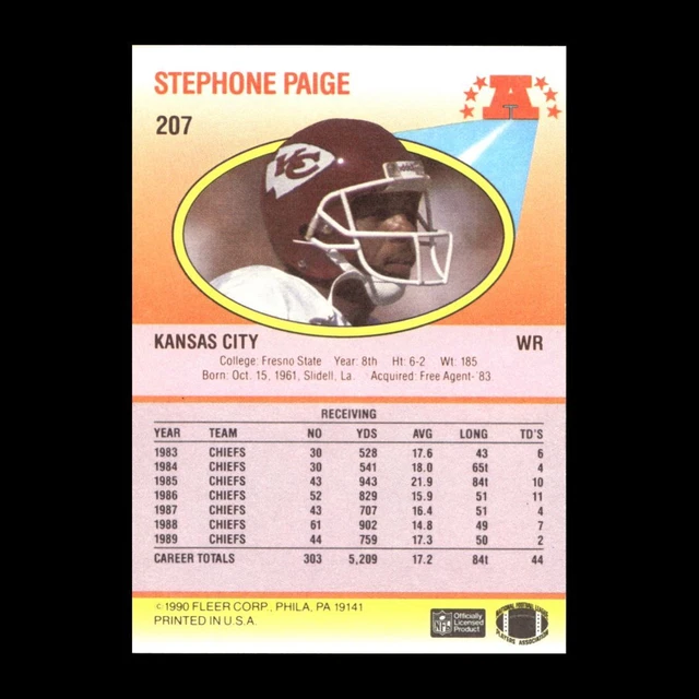 STEPHONE PAIGE 1990 Fleer Kansas City Chiefs #207 R325C 9 EUR 1,99 ...
