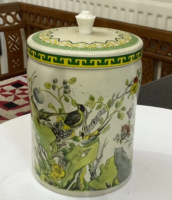 VINTAGE ORIGINAL OLD Tea Tin Round Oriental Chinese Birds & Flowers £15 ...