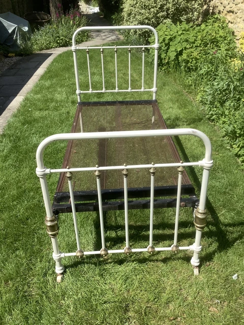 ANTIQUE CAST IRON Single White Bed Original Frame And Porcelain Casters ...