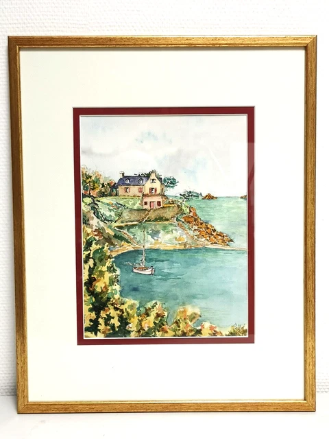 TABLEAU / AQUARELLE signée PELLUET 78 . paysage Bord de Mer , Cadre bois Doré EUR 19,00 ...