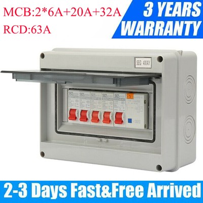 4 WAY GARAGE IP65 Weatherproof Consumer Unit Enclosure 63A 30mA RCD MCB ...