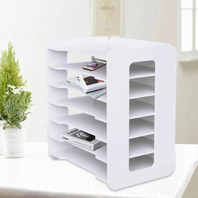 7 TIER WHITE Wooden Office Desk Desktop File Organizer Document Rack ...