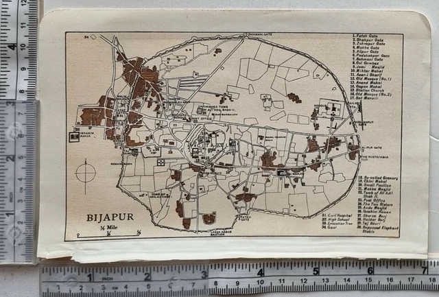 1933 INDIA TOURIST Map Bijapur Plan Fateh Gate Mosque High School Gaol ...