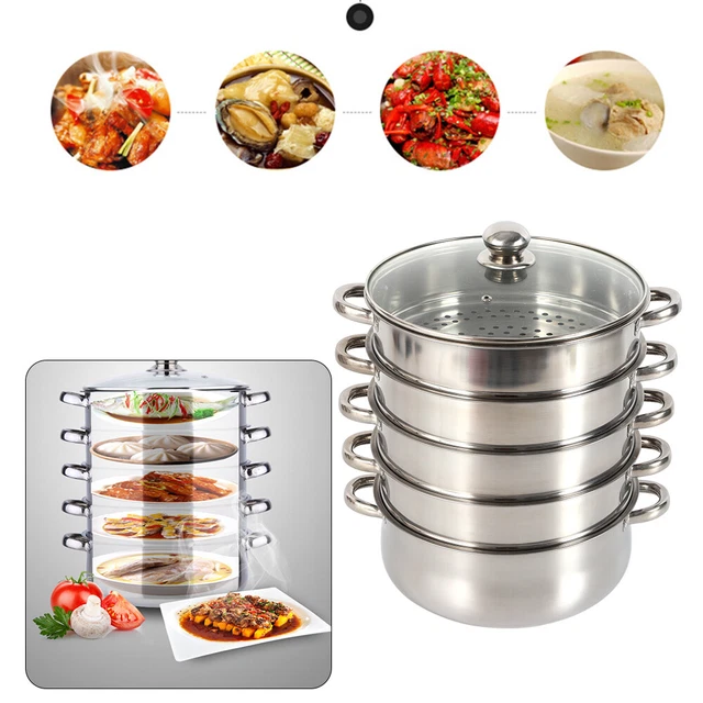 5 TIER 26/28/30CM Large Stainless Steam Cooker Steamer Pan Cook Food ...