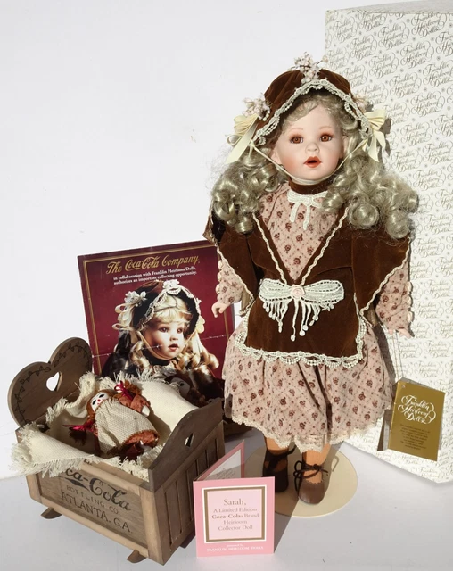 FRANKLIN MINT COCA Cola Doll SARAH 19" Porcelain Heirloom Doll w Crib ...