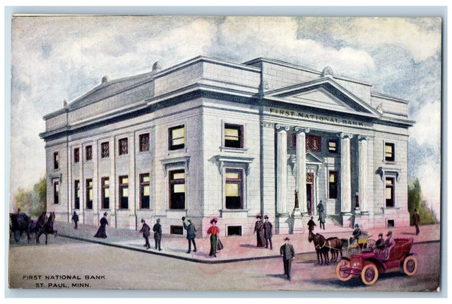 ST. PAUL MINNESOTA MN Postcard First National Bank Building Car c1910's ...