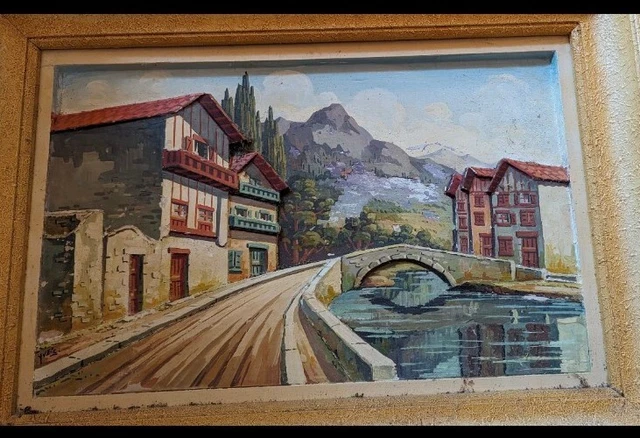 TABLEAU SCULPTÉ EN bois polychrome Paysage Pays Basque EUR 20,00 ...