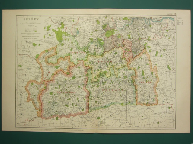 1920 COUNTY MAP of SURREY ~ GUILDFORD REIGATE EPSOM RAILWAYS VILLAGES ...