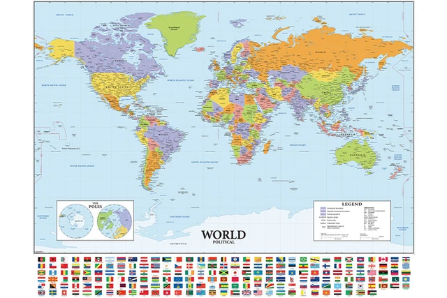 A1 A2 WORLD Map With Flags Wall Chart Education Geography Kids Print ...