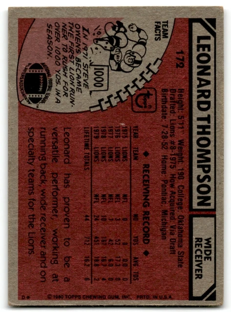 1980 TOPPS LEONARD Thompson recrue Detroit Lions #172 EUR 1,08 ...