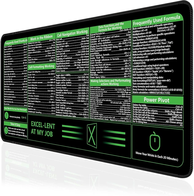 ILEADON EXCEL MOUSE Pad,Xxl Excel Cheat Sheet Desk Pad,Extended Office ...