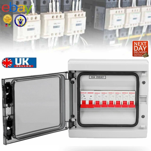 8 WAY WEATHERPROOF Garage Shed Consumer Unit Fuse Box 100A Mains Switch ...
