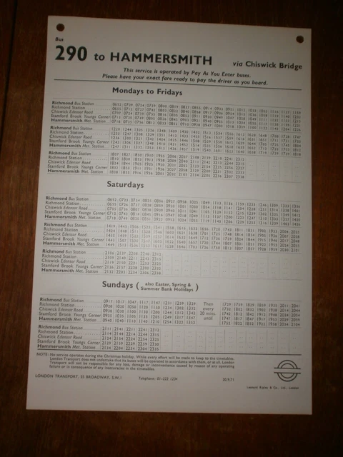 LONDON TRANSPORT BUS Stop Timetable Panel-Route 290, 1971 EUR 2,34 ...