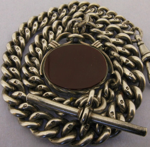 HEAVY VICTORIAN SOLID Silver Albert Pocket Watch Chain & Spinner Fob ...