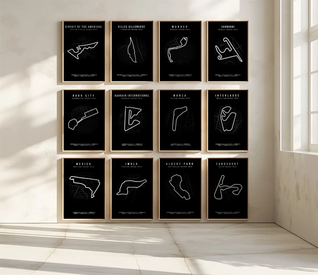 F1 TRACK CIRCUITS Black Wall Art Motorsport Race Poster Gift Prints A4 ...