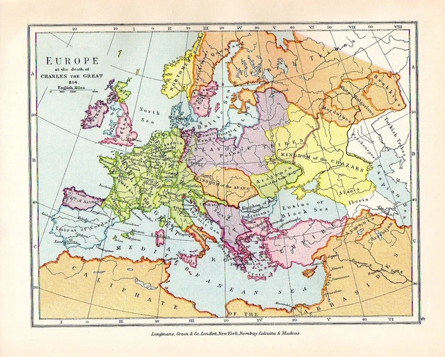 VICTORIAN MAP ~ Europe At Death Of Charles The Great 814 £28.00 ...